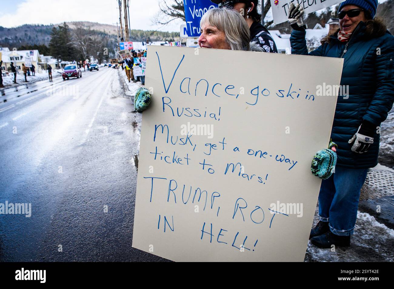 Waitsfield, Vermont, USA. 1 March 2025. Demonstrators line Route 100 in ...