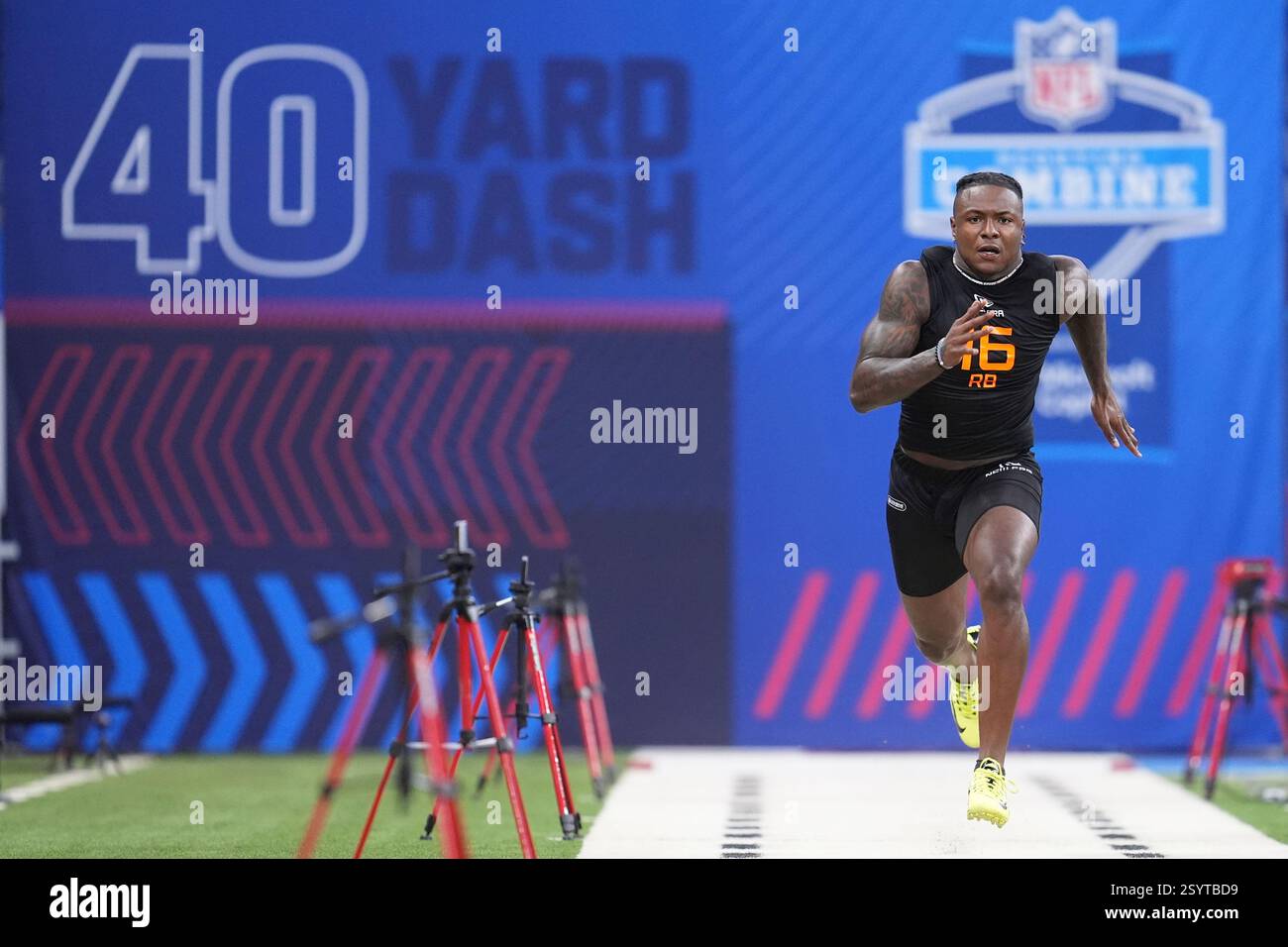 Boise State running back Ashton Jeanty runs the 40-yard dash at the NFL football scouting ...