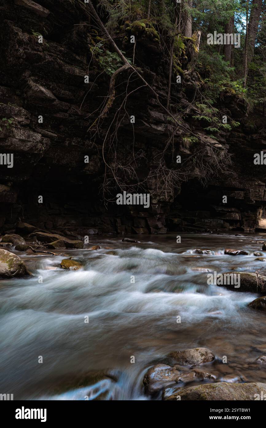 This image captures a fast-flowing river rushing over a rocky bed ...
