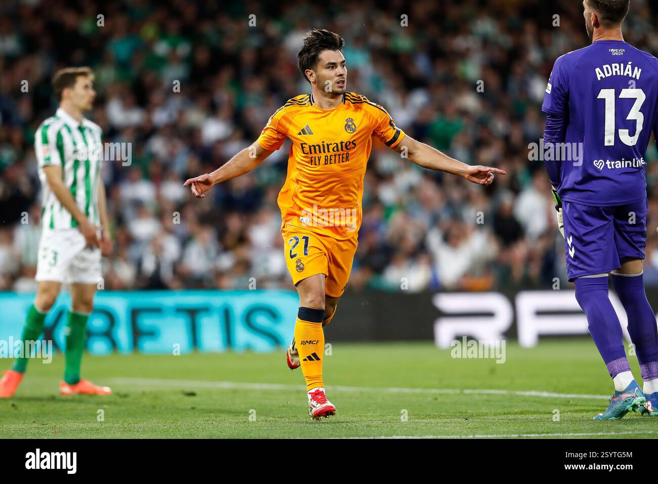 Brahim Diaz of Real Madrid celebrates a goal during the Spanish league ...