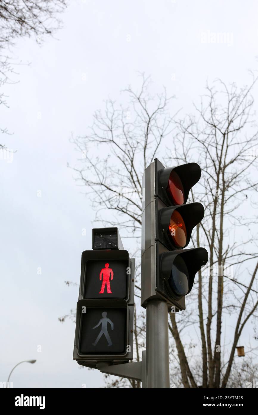 Traffic light on a street in Madrid, in its different colors and ...