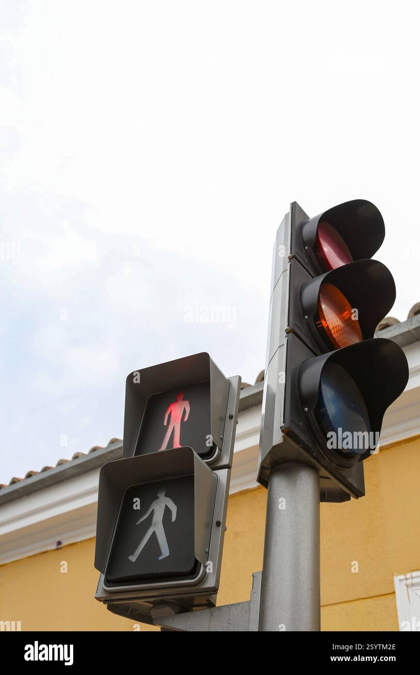 Traffic light on a street in Madrid, in its different colors and ...