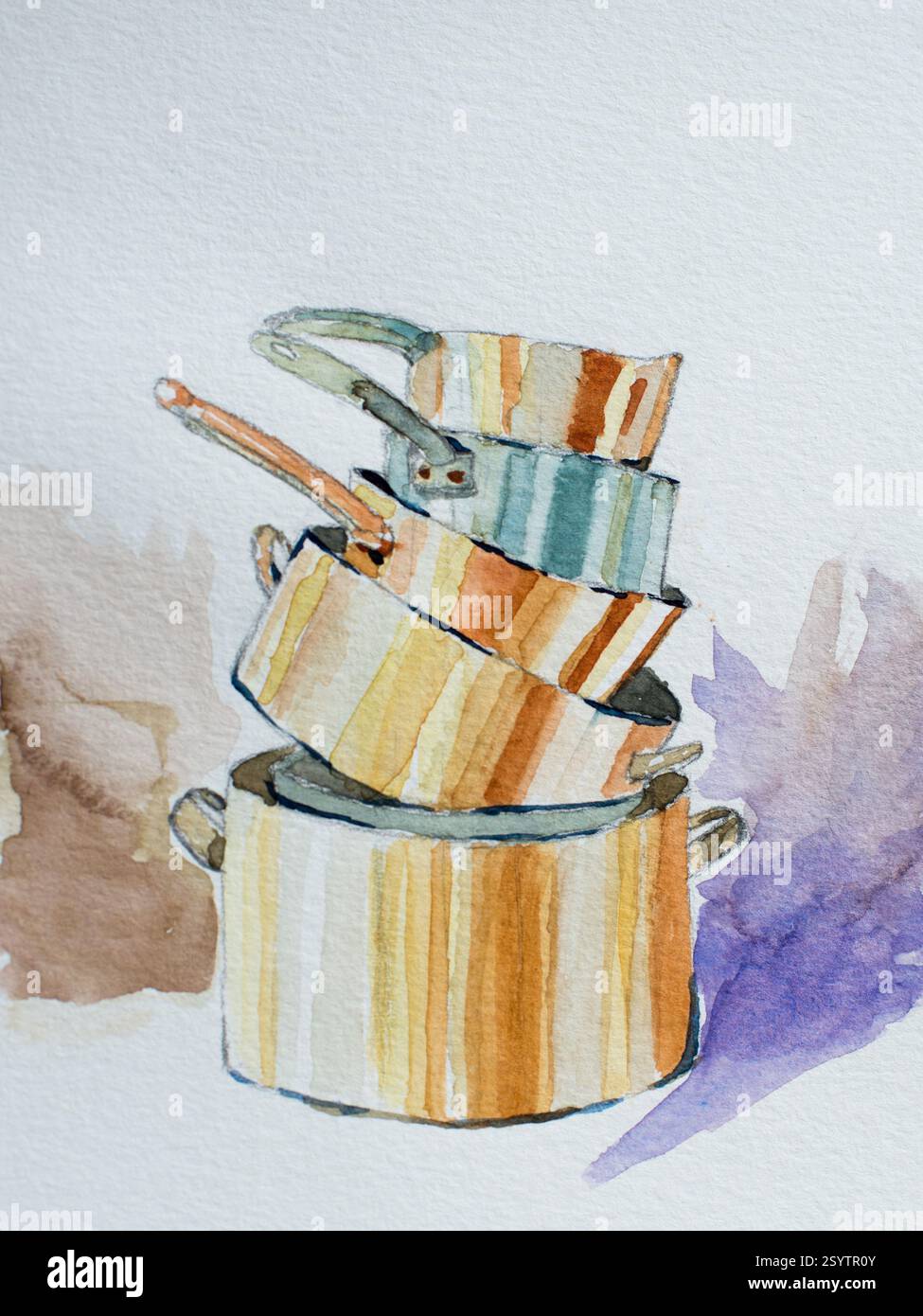 Watercolor. Illustration of shiny piled pots and pans Stock Photo - Alamy