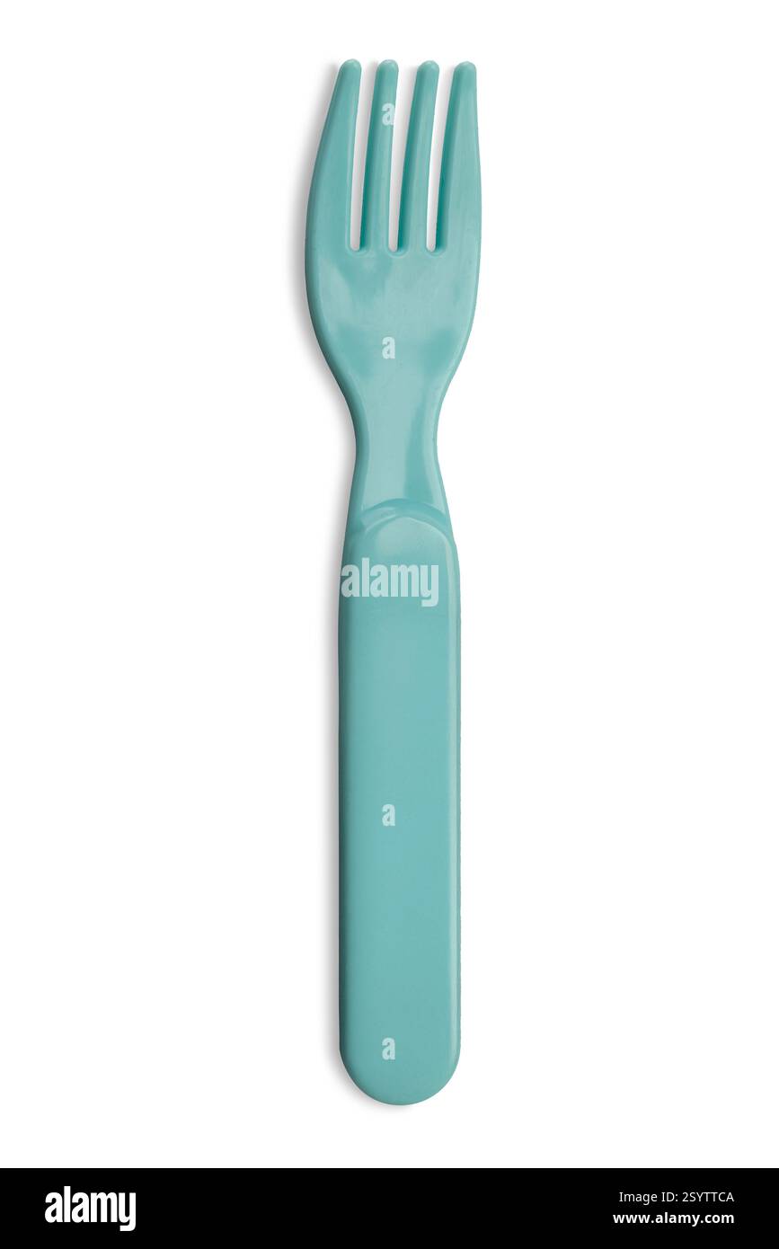 Baby plastic fork, blue light small fork for children isolated on white ...