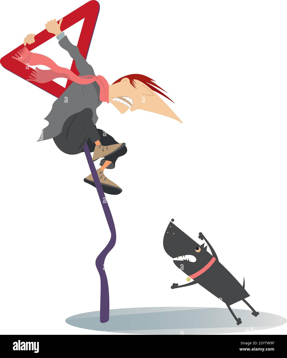 Man escapes from the mad dog catching a road sign. Man catches the road ...