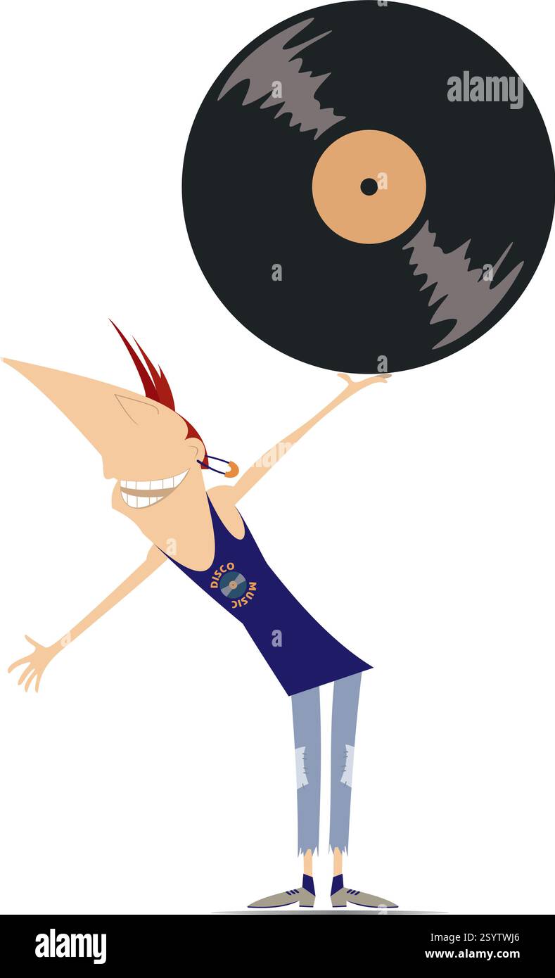 Cartoon person holding long play record. DJ. Happy cartoon person holds ...