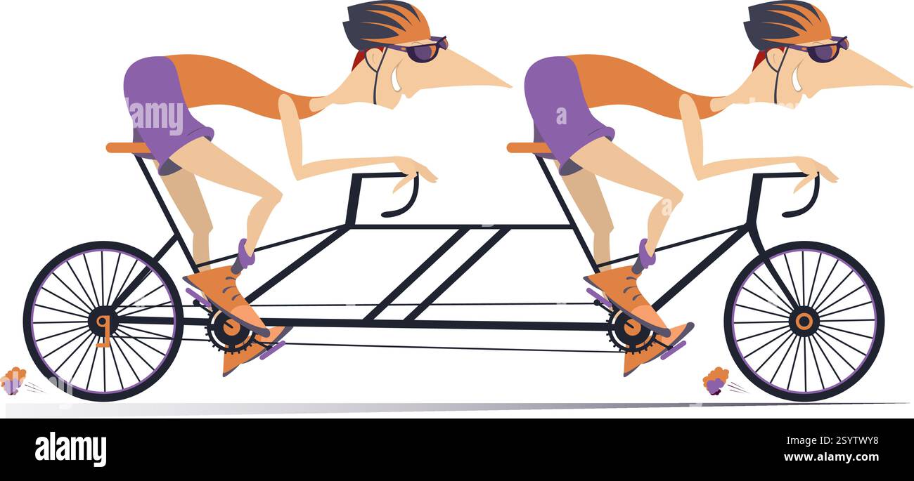 Couple men riding on tandem bicycle. Cartoon men ride fast on tandem ...