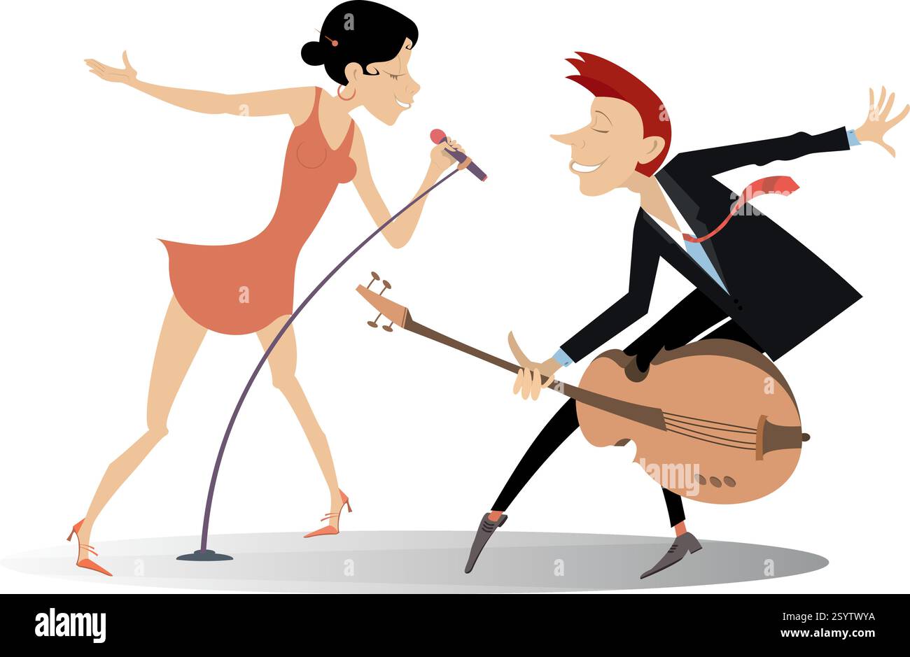 Duet of guitarist man and singer woman. Couple musicians. Man plays ...