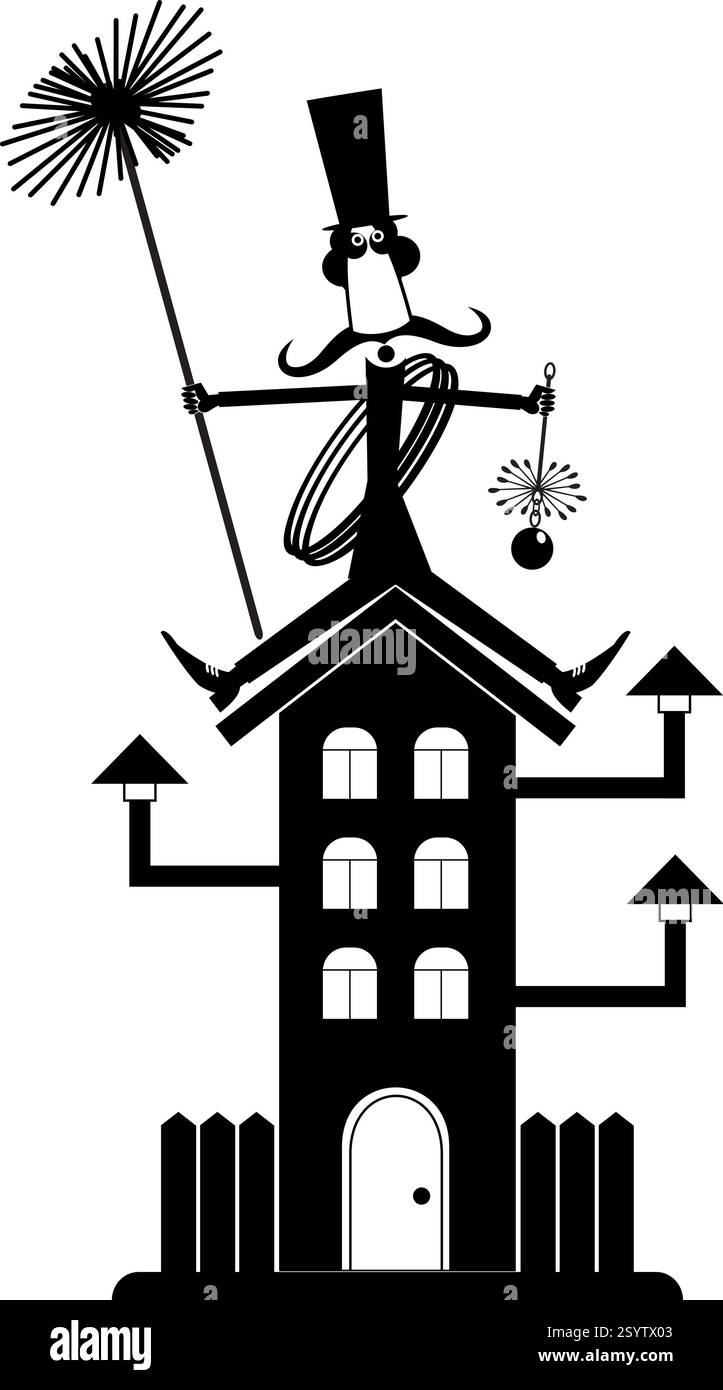 Cartoon chimney sweeper sits on the roof. Funny chimney sweeper in the ...