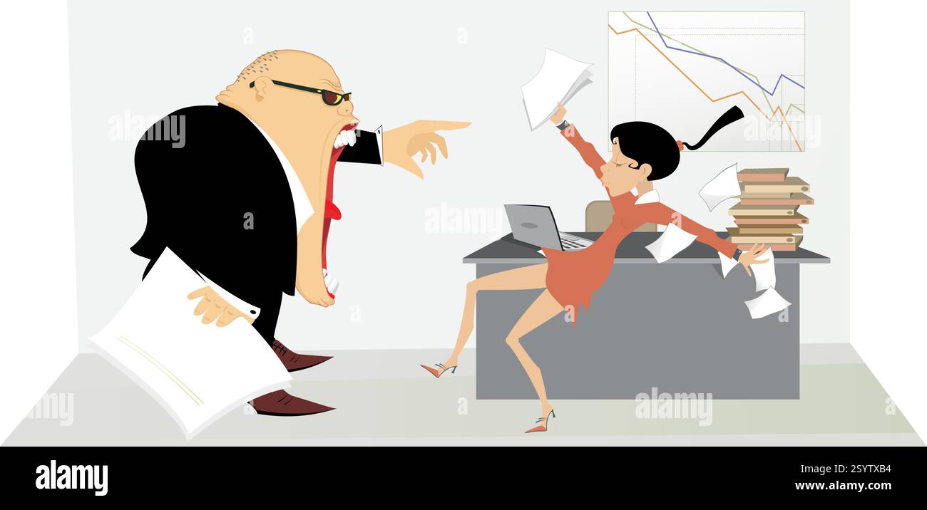 Angry boss and employee woman. Angry chief scolds his employee woman ...
