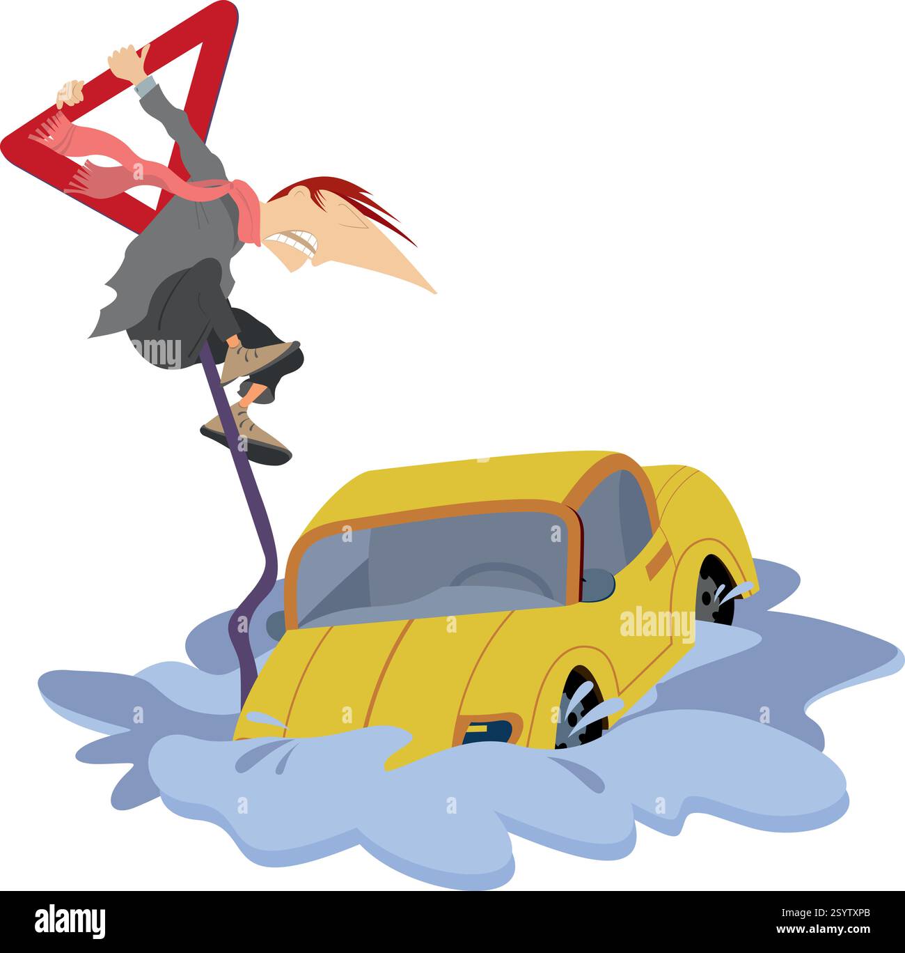Man catches the road sign escapes from the flood. Flood, man and ...