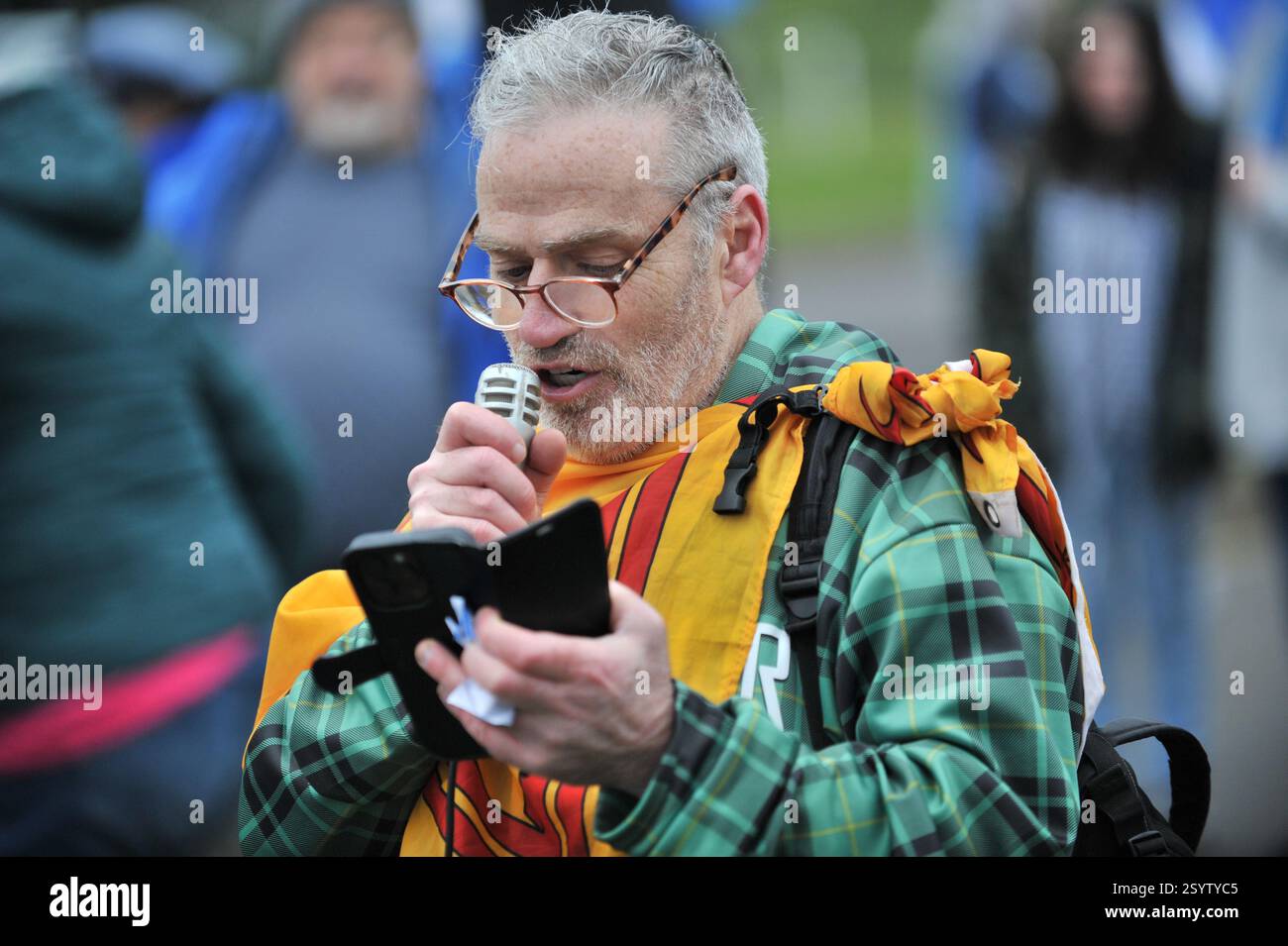 Grangemouth, UK. 1st March, 2025 - A speaker is seen during the protest ...
