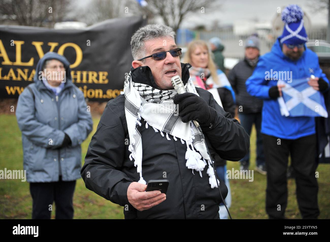 Grangemouth, UK. 1st March, 2025 - A speaker is seen during the protest ...