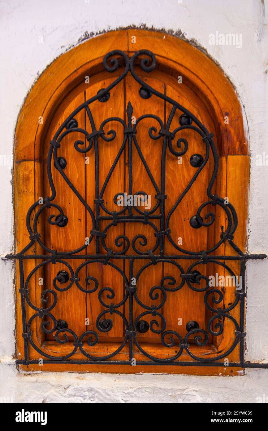 close-up of an intricately wrought iron window grate with swirling ...
