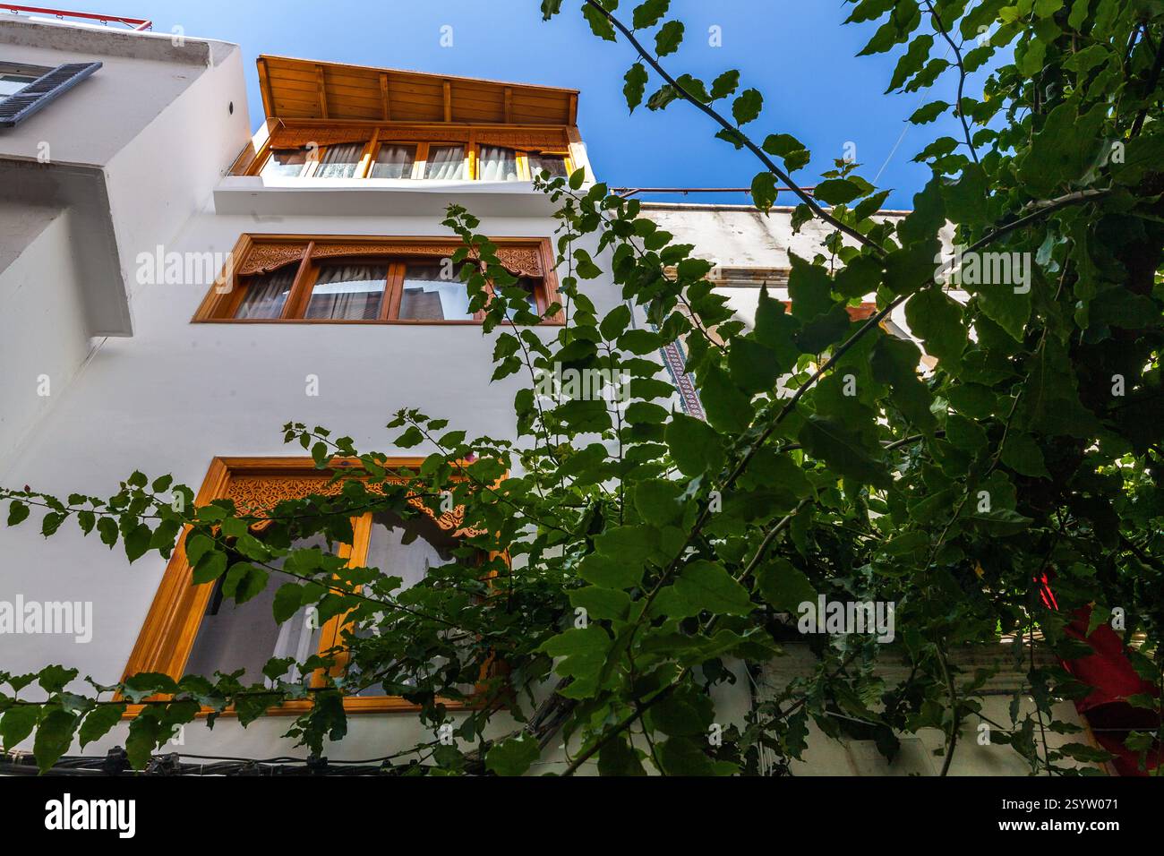 low-angle perspective of a whitewashed building with intricately carved ...