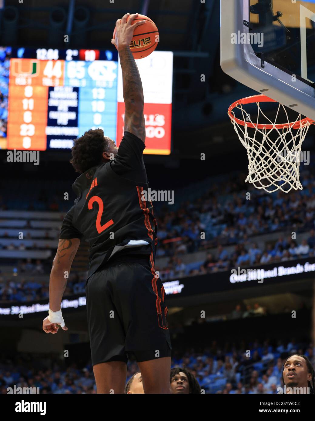March 1, 2025: Miami (Fl) Hurricanes forward Brandon Johnson (2) soars ...