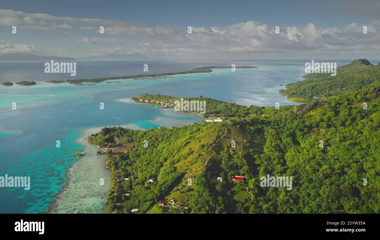 Drone shot Bora Bora tropical island with iconic overwater bungalows ...