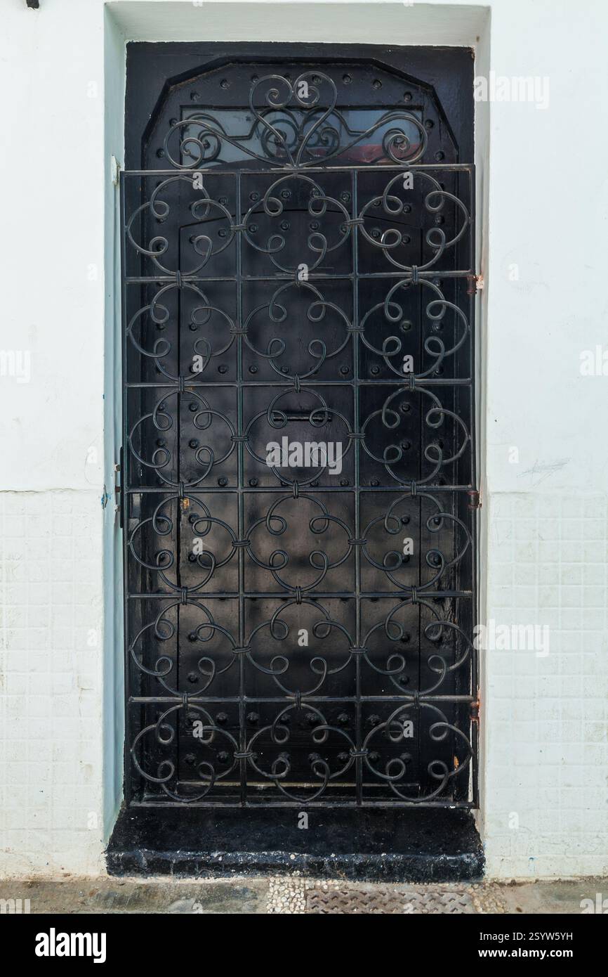close-up of an ornate black wrought iron gate with intricate swirling ...