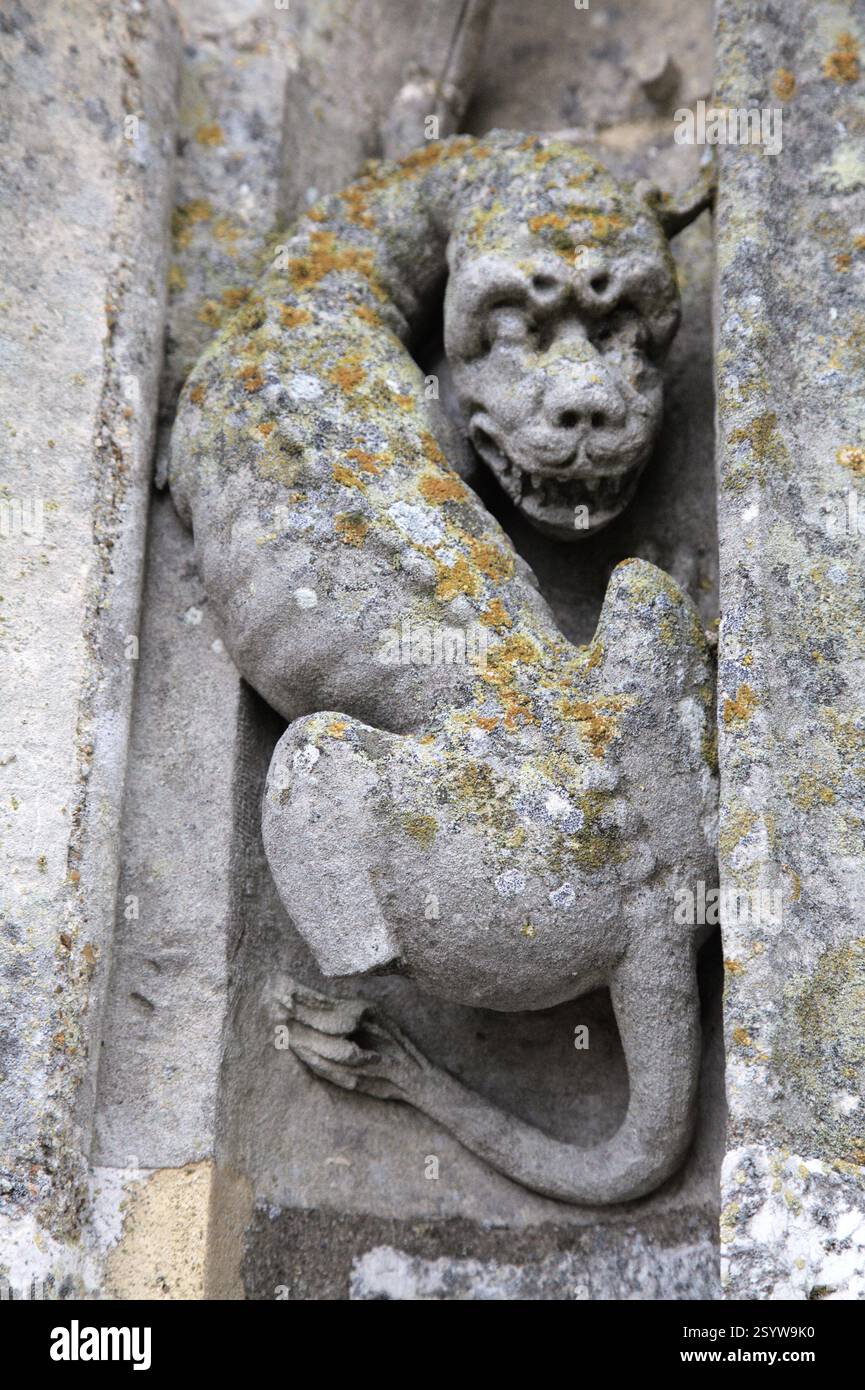 A grotesque dragon sculpture decorates a stone wall at Notre-Dame de ...
