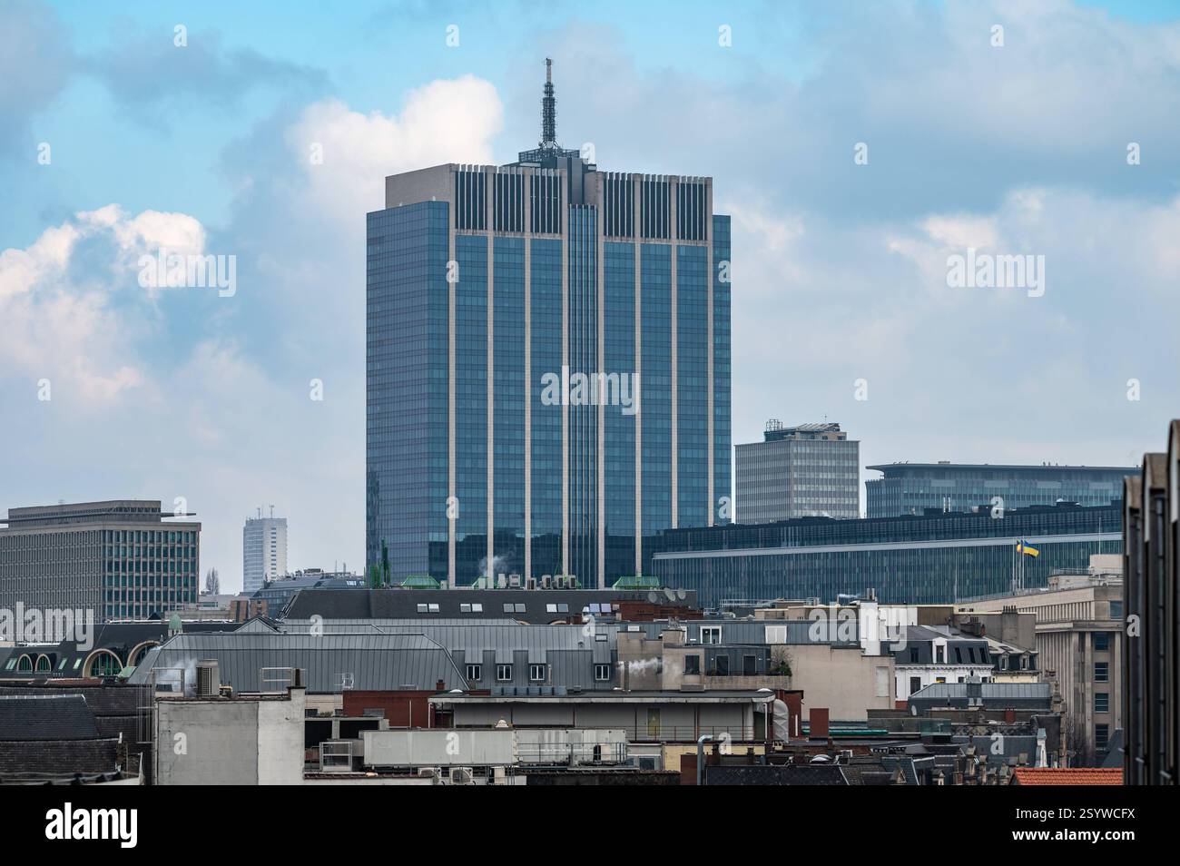 High angle view over historical rooftops and monuments with the finance ...