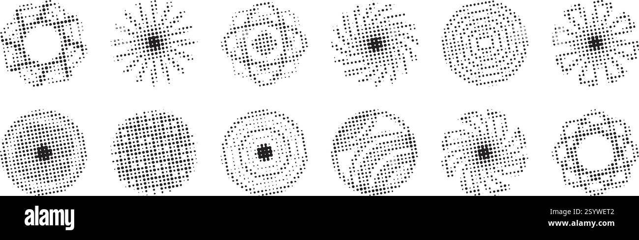 Black dotted halftone circle set, trendy vintage round shapes, vector ...