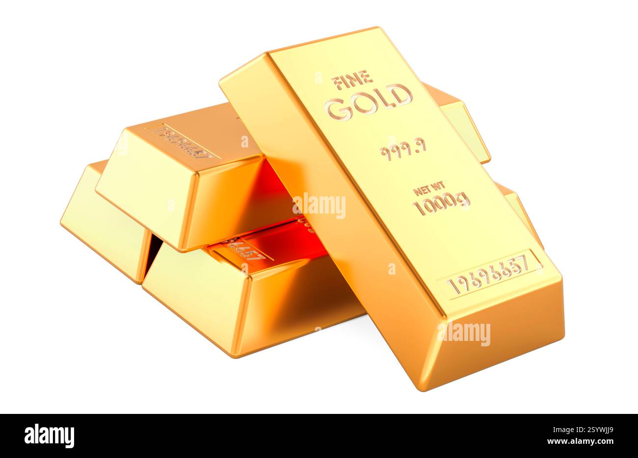 Golden bullions, golden ingots. 3D rendering isolated on white background Stock Photo - Alamy
