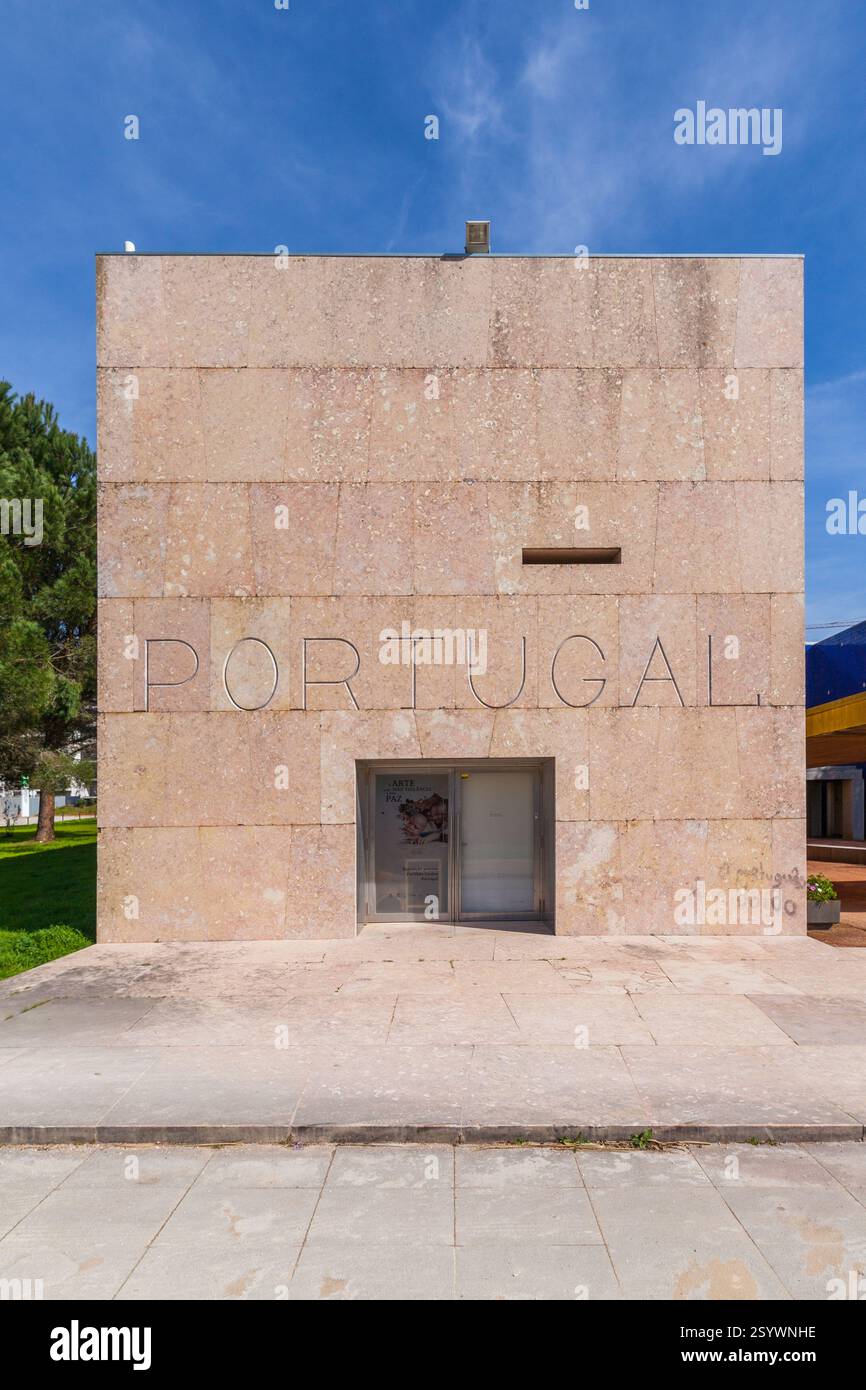 A minimalist building with the word "PORTUGAL" carved into its textured ...