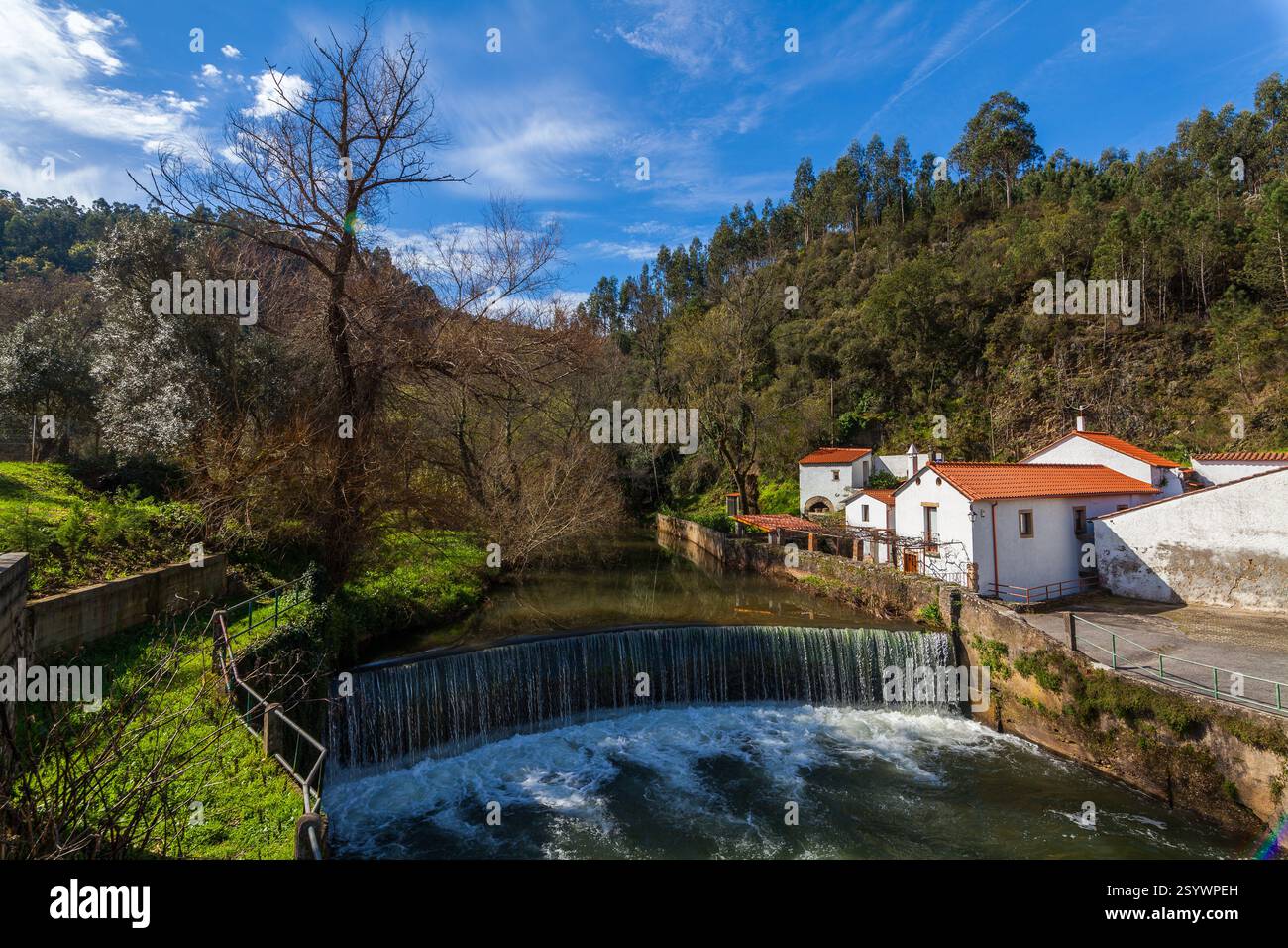 A scenic landscape featuring a waterfall cascading into a river ...