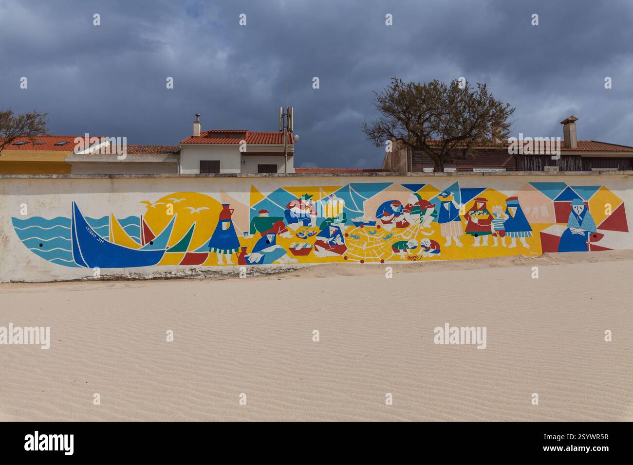 A vibrant mural depicting stylized figures and boats decorates a white ...