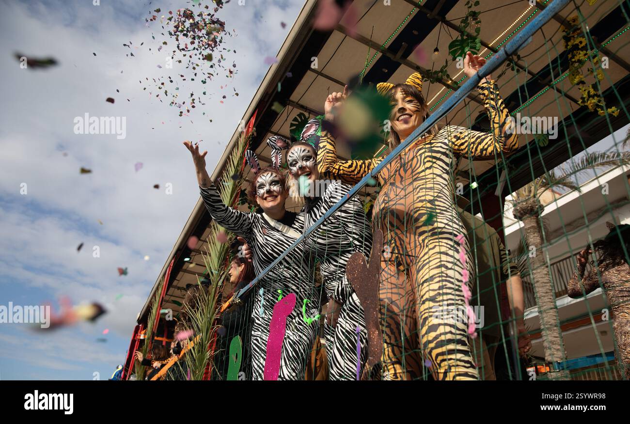 01 March 2025, Spain, Palma: People dressed up in colorful costumes ...