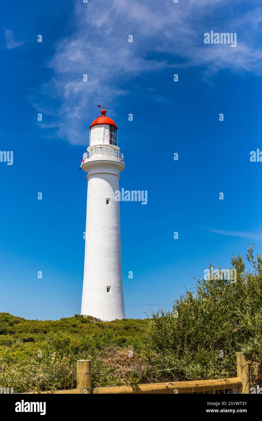 A tall white lighthouse with a bright red top rises amidst green ...
