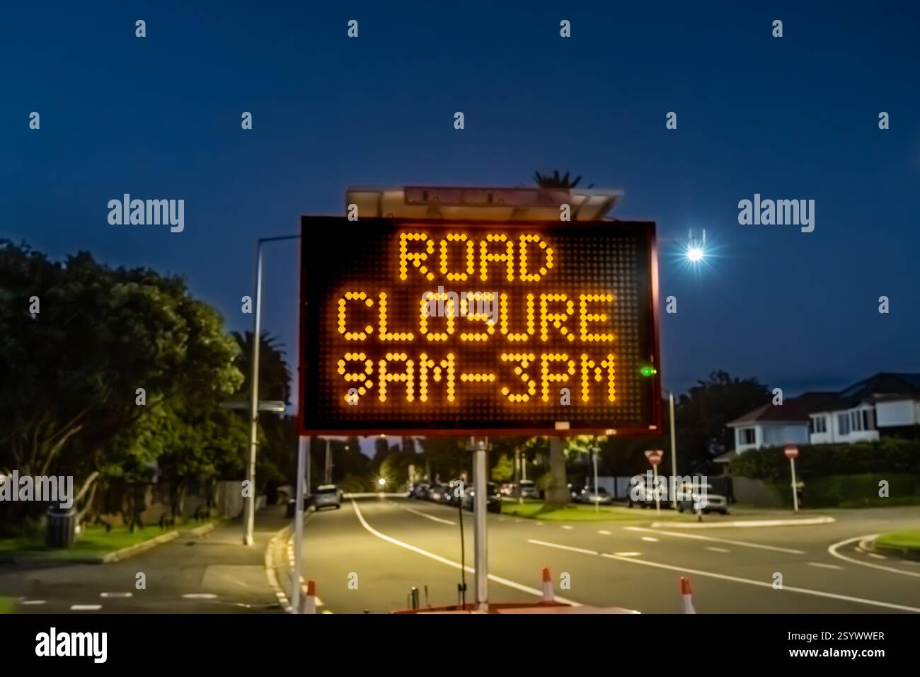 Road closure active warning sign adivising of dates and times on city ...
