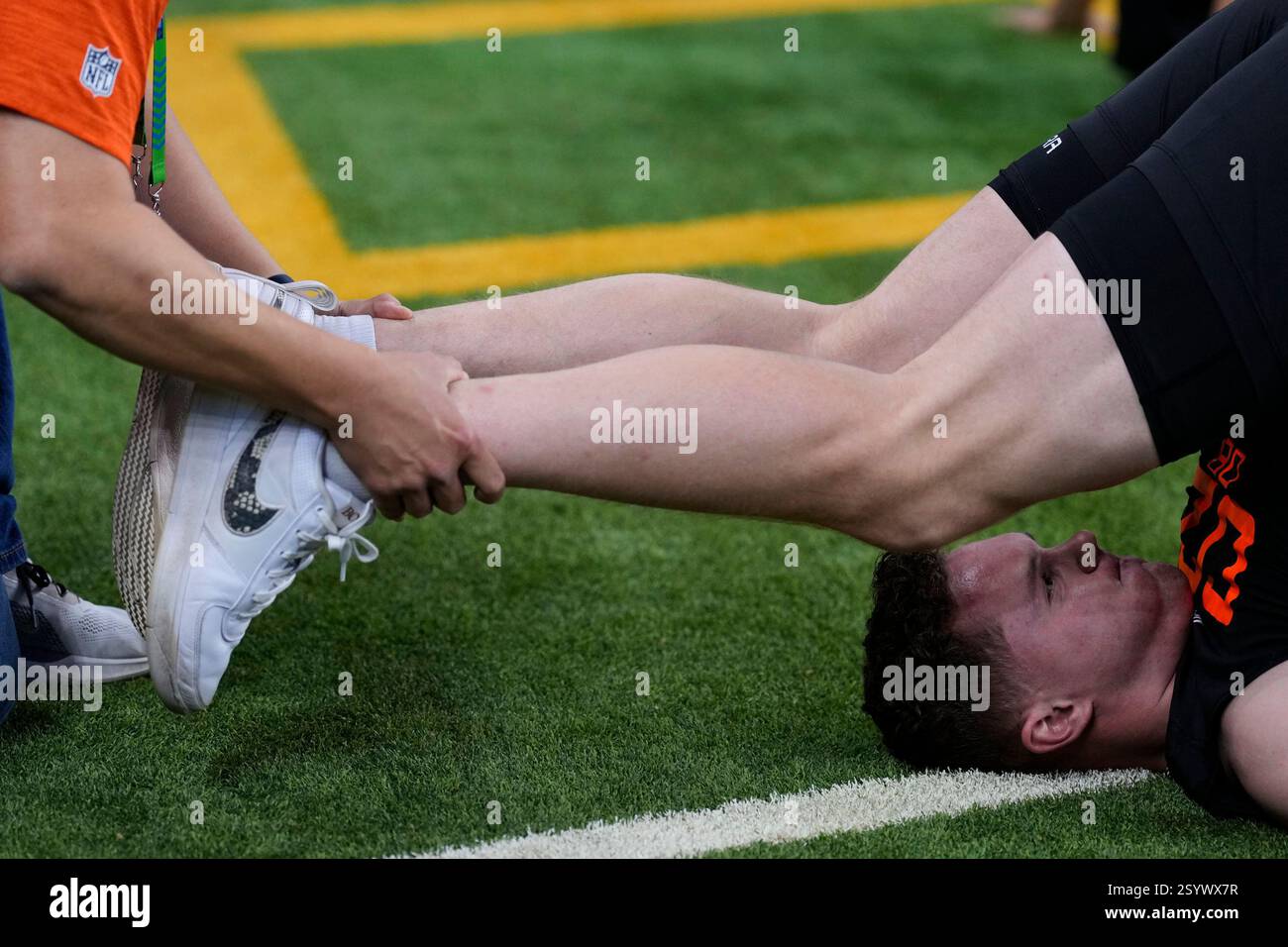 Missouri quarterback Brady Cook runs a drill at the NFL football ...