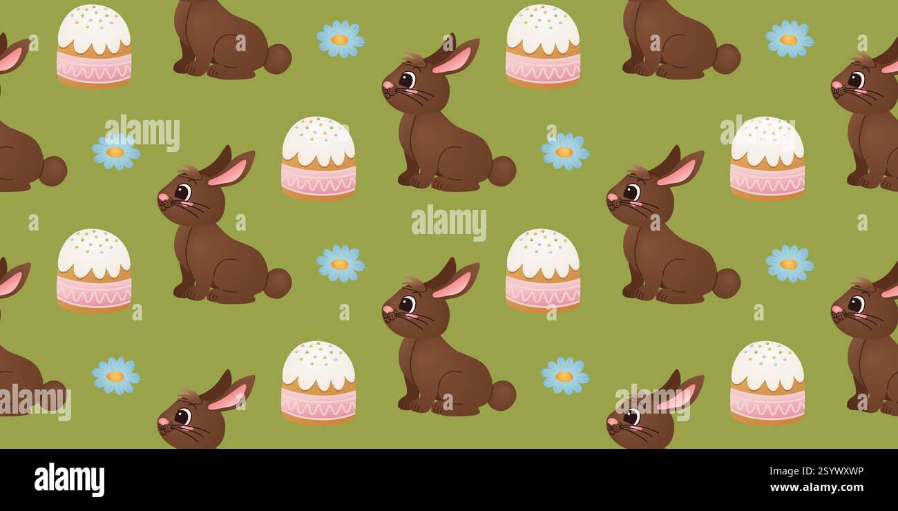 Seamless Easter pattern with brown rabbits, Easter cakes, and blue ...