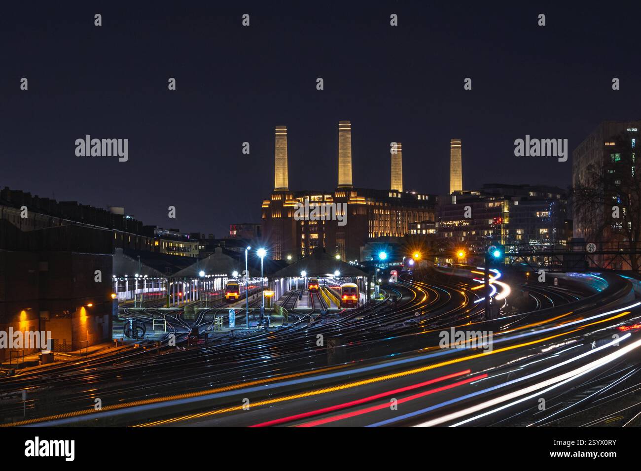Night time view at Grosvenor Road Depot, Ebury Bridge, London Victoria ...