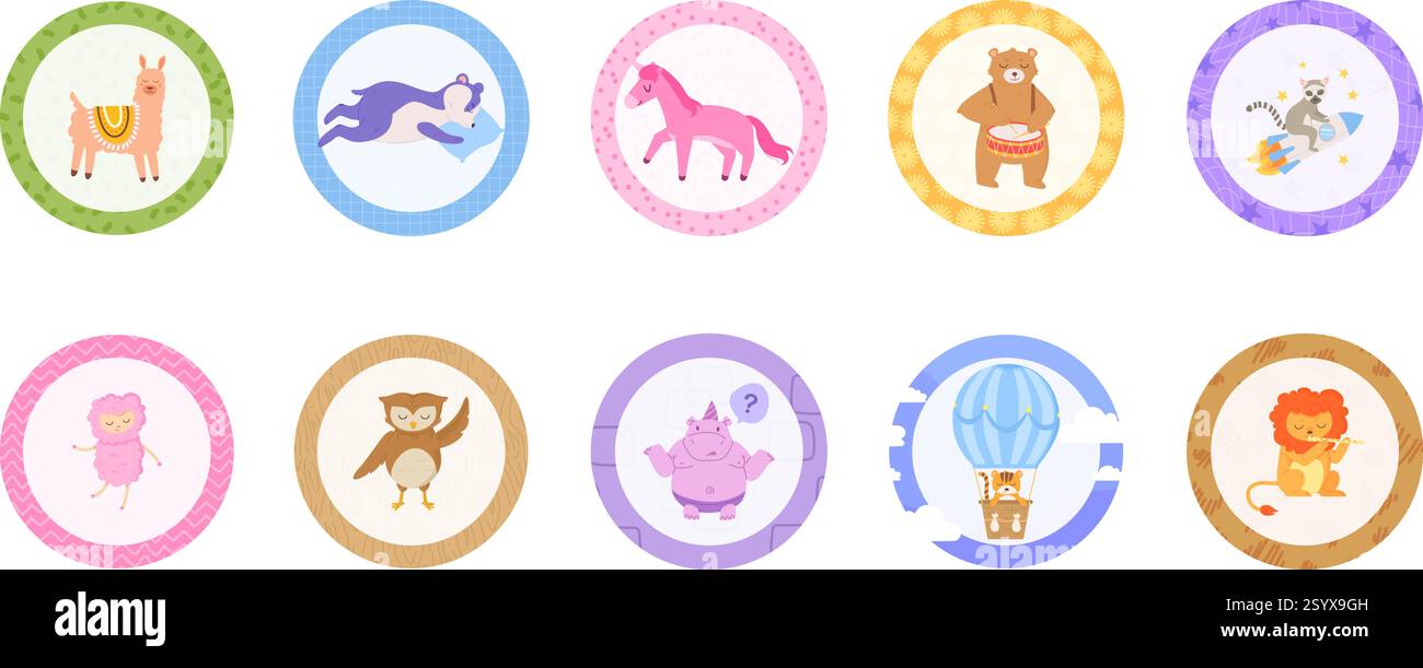 Cute animals highlight covers set, cartoon vector icons, social media ...