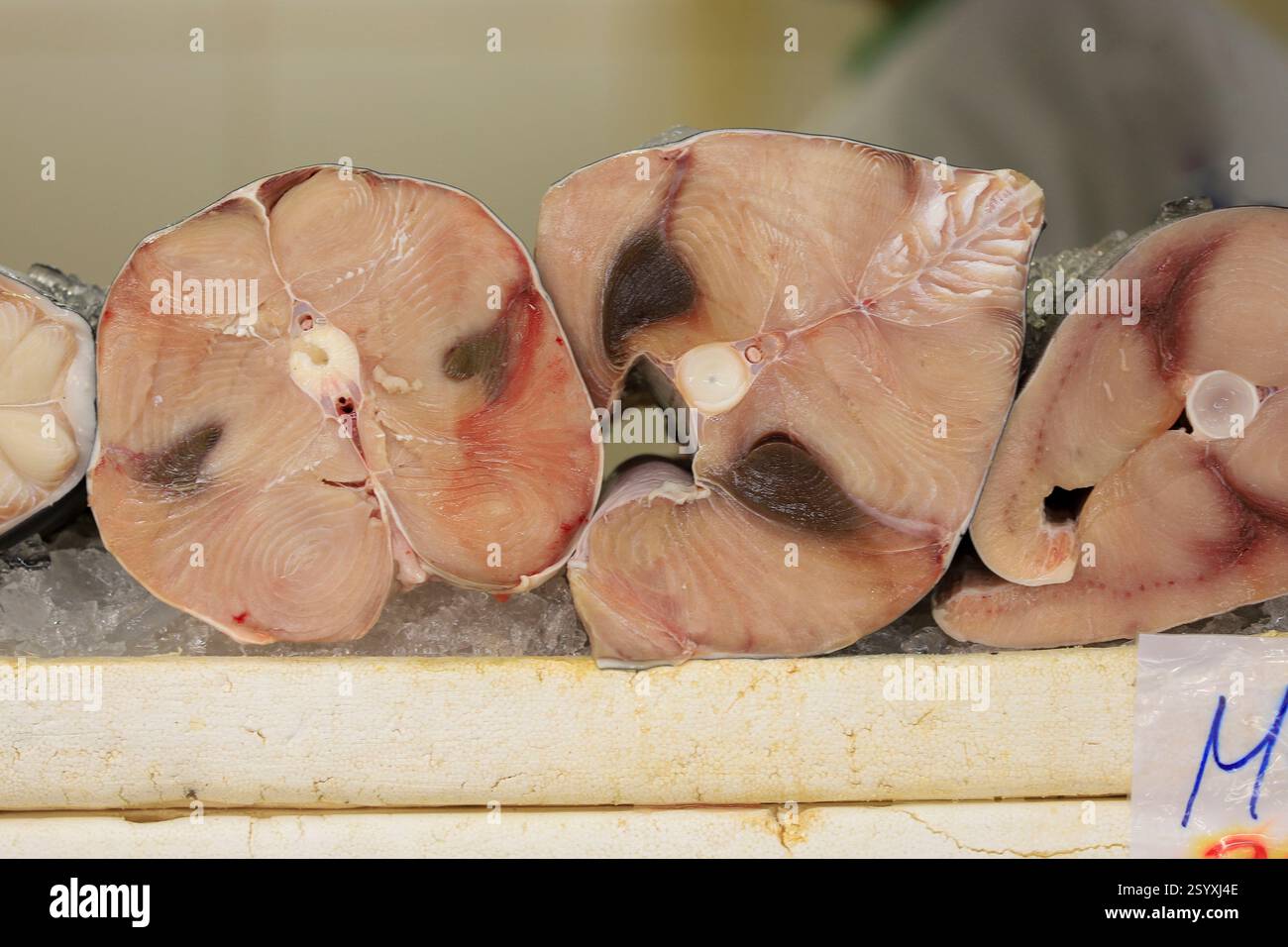 Fresh swordfish steaks freezing on the ice at a fish market Stock Photo ...