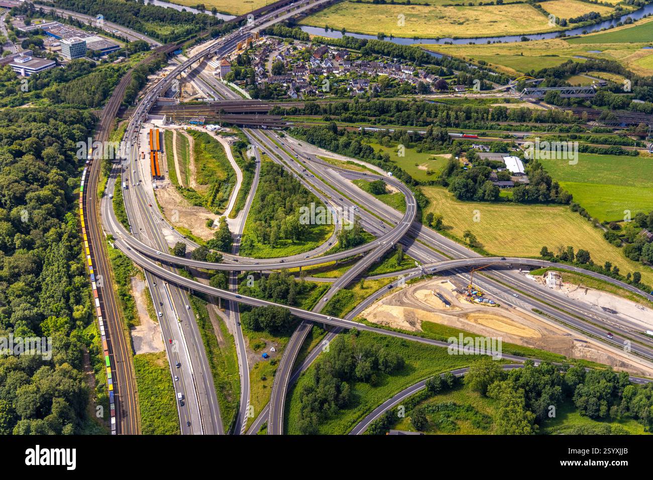 Aerial view, intersection Kaiserberg construction site, road traffic ...