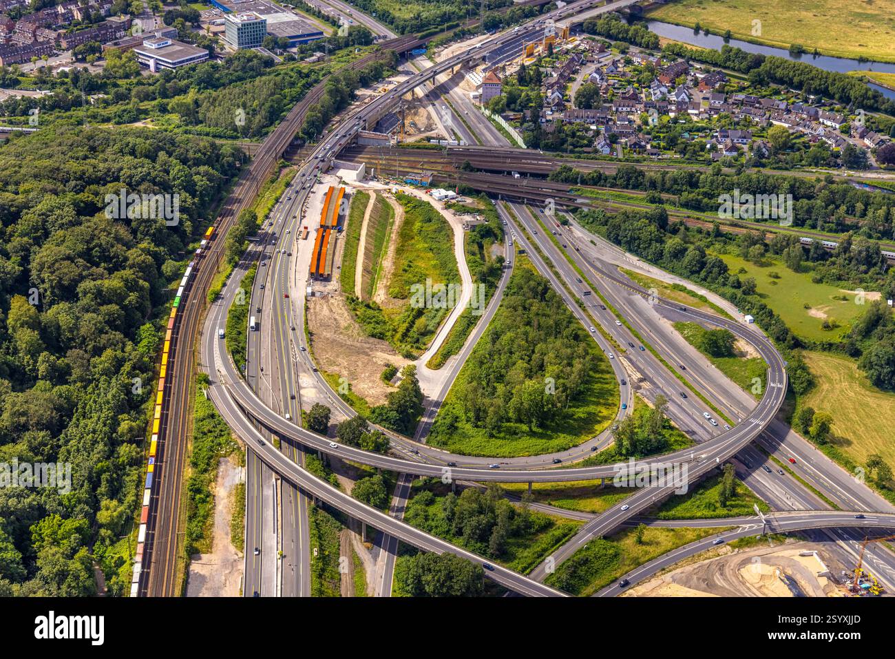 Aerial view, Kaiserberg interchange construction site, road traffic ...