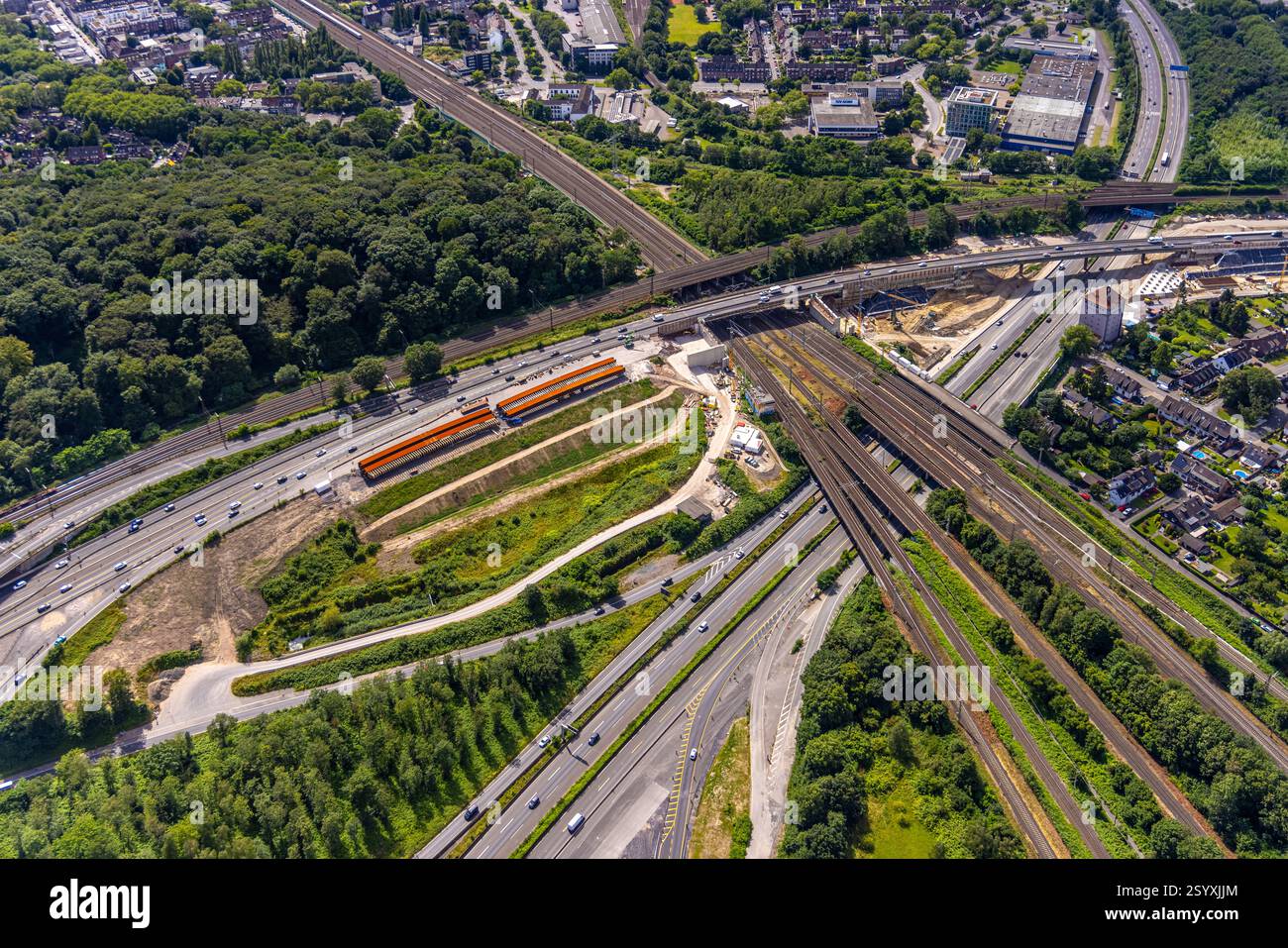 Aerial view, Kaiserberg interchange construction site, road traffic ...