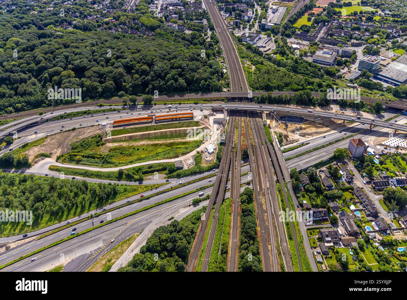 Aerial view, Kaiserberg interchange construction site, road traffic ...