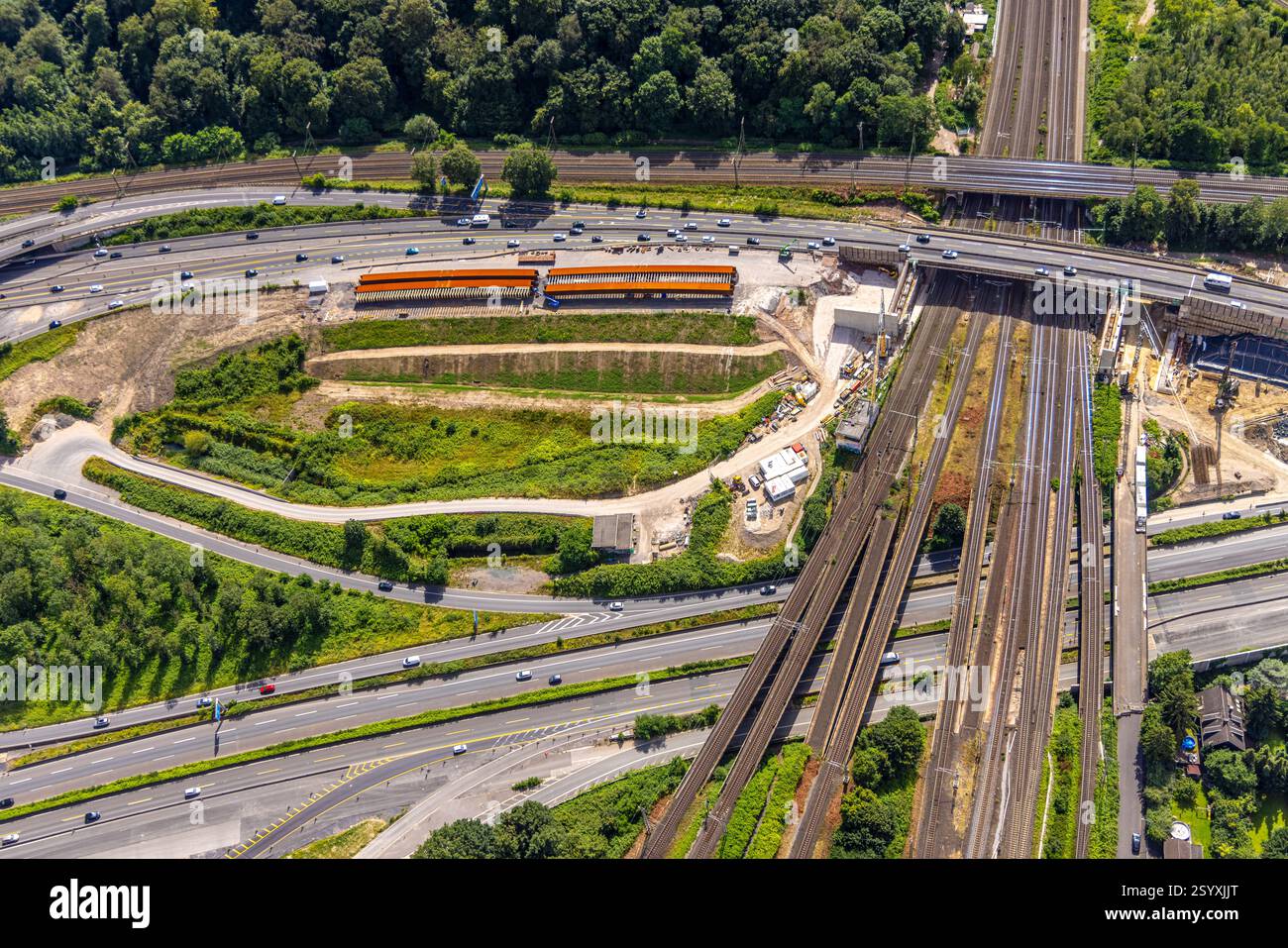 Aerial view, Kaiserberg interchange construction site, road traffic ...