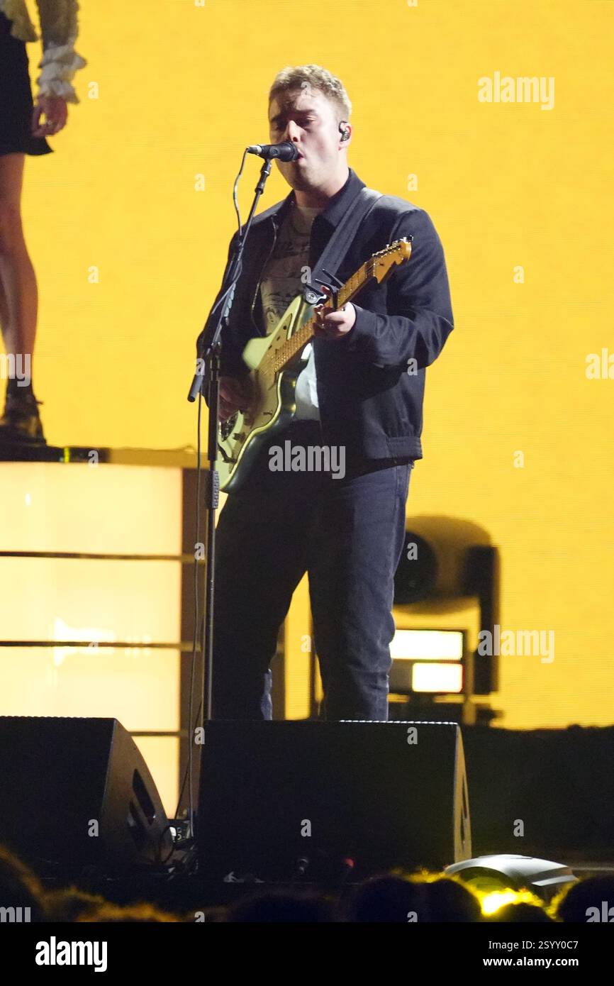 Sam Fender performs during The BRIT Awards 2025 at London's O2 Arena ...