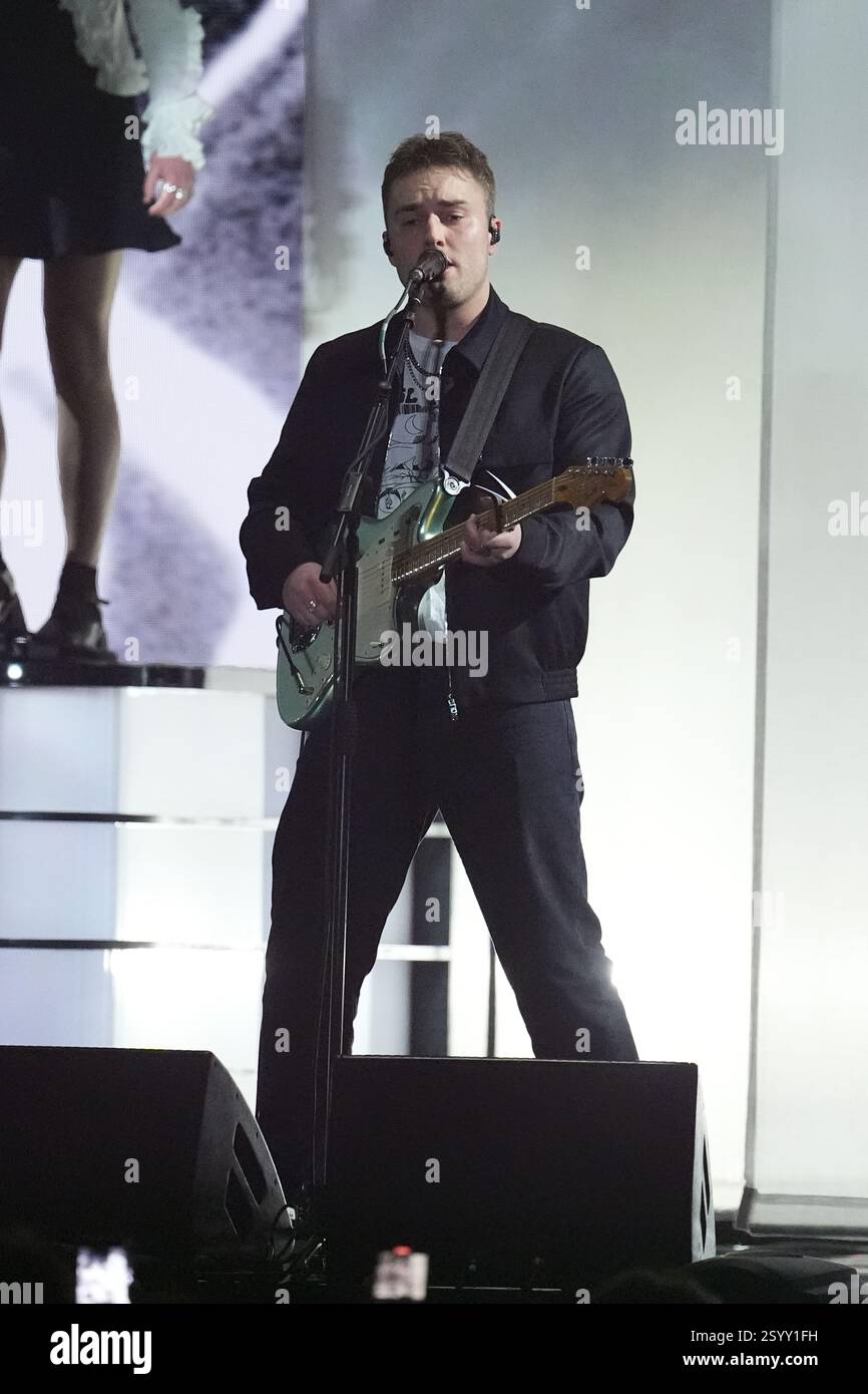Sam Fender performs during The BRIT Awards 2025 at London's O2 Arena ...