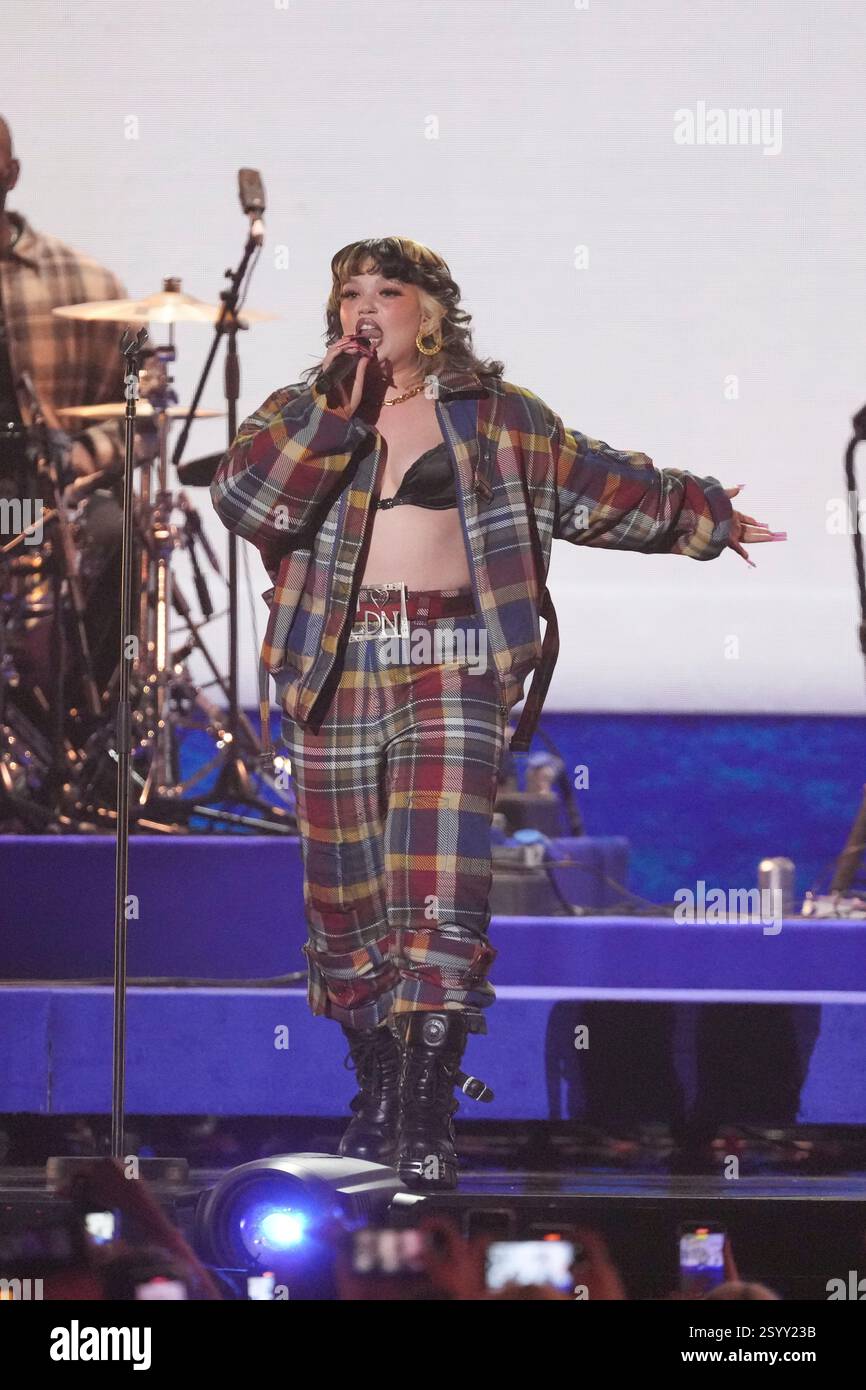 Lola Young performs during the Brit Awards 2025 in London, Saturday ...