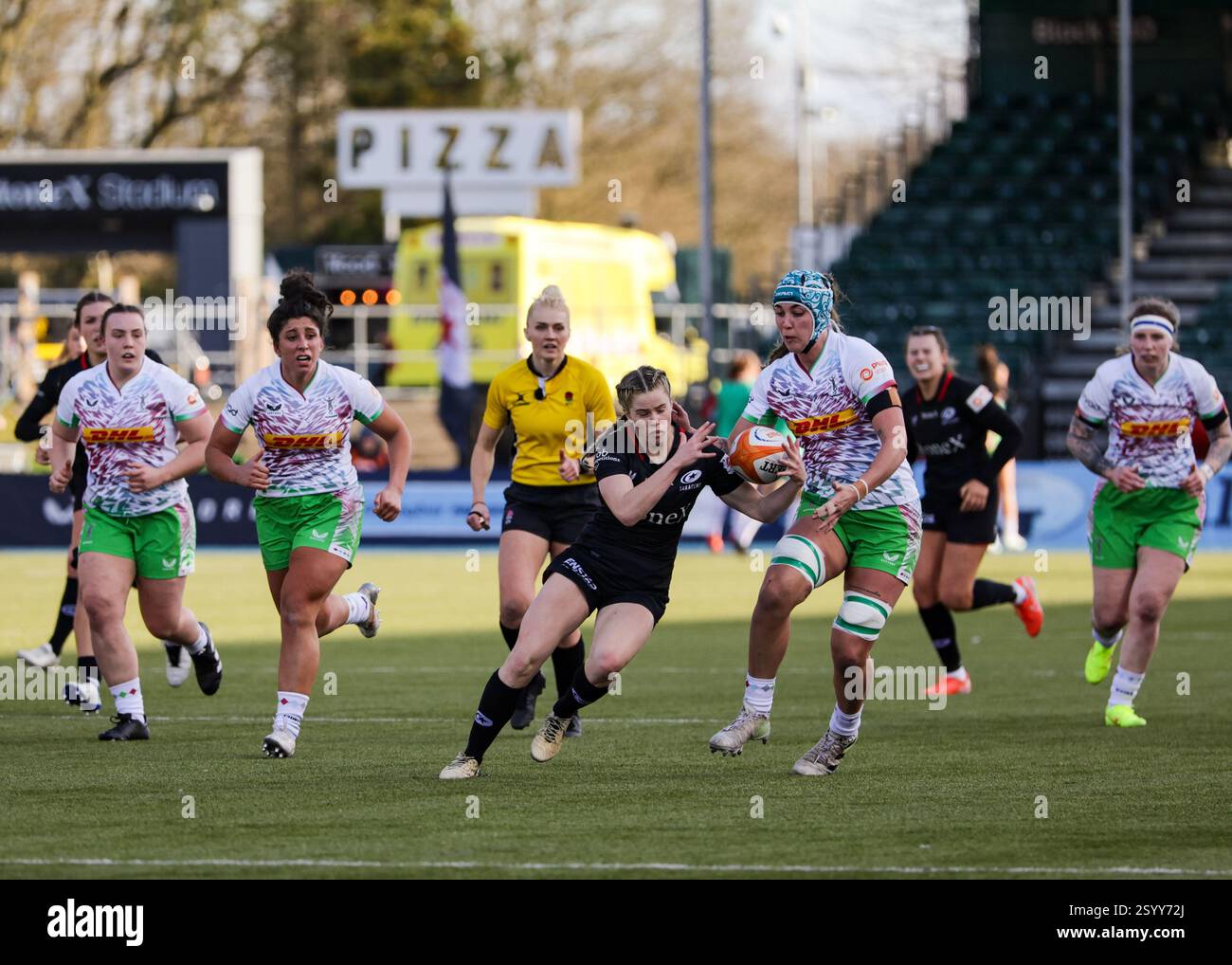 London, UK. 1st Mar, 2025. Ella Wyrwas (Saracens) grabs the ball during ...