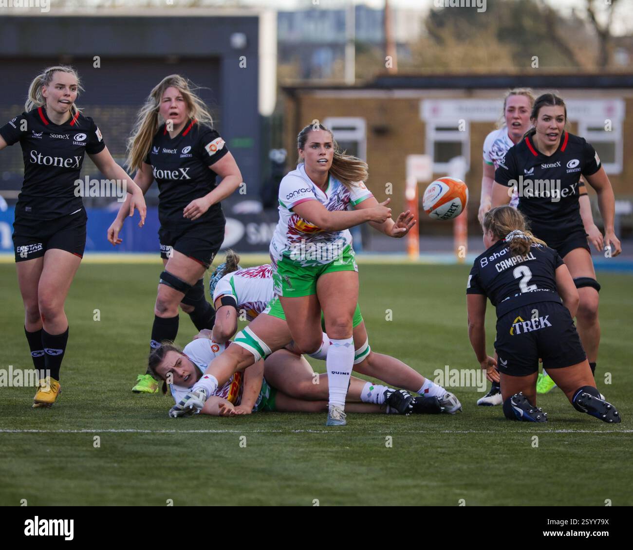 London, UK. 1st Mar, 2025. Emma Swords (Harlequins) throws the ball ...