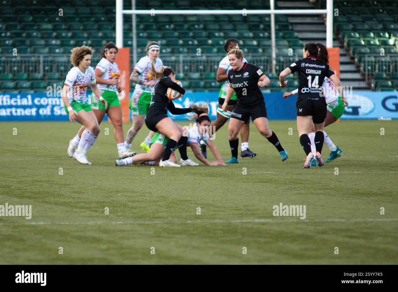 London, UK, 1st March 2025 Saracens fullback Jess Breach (black, 15 ...