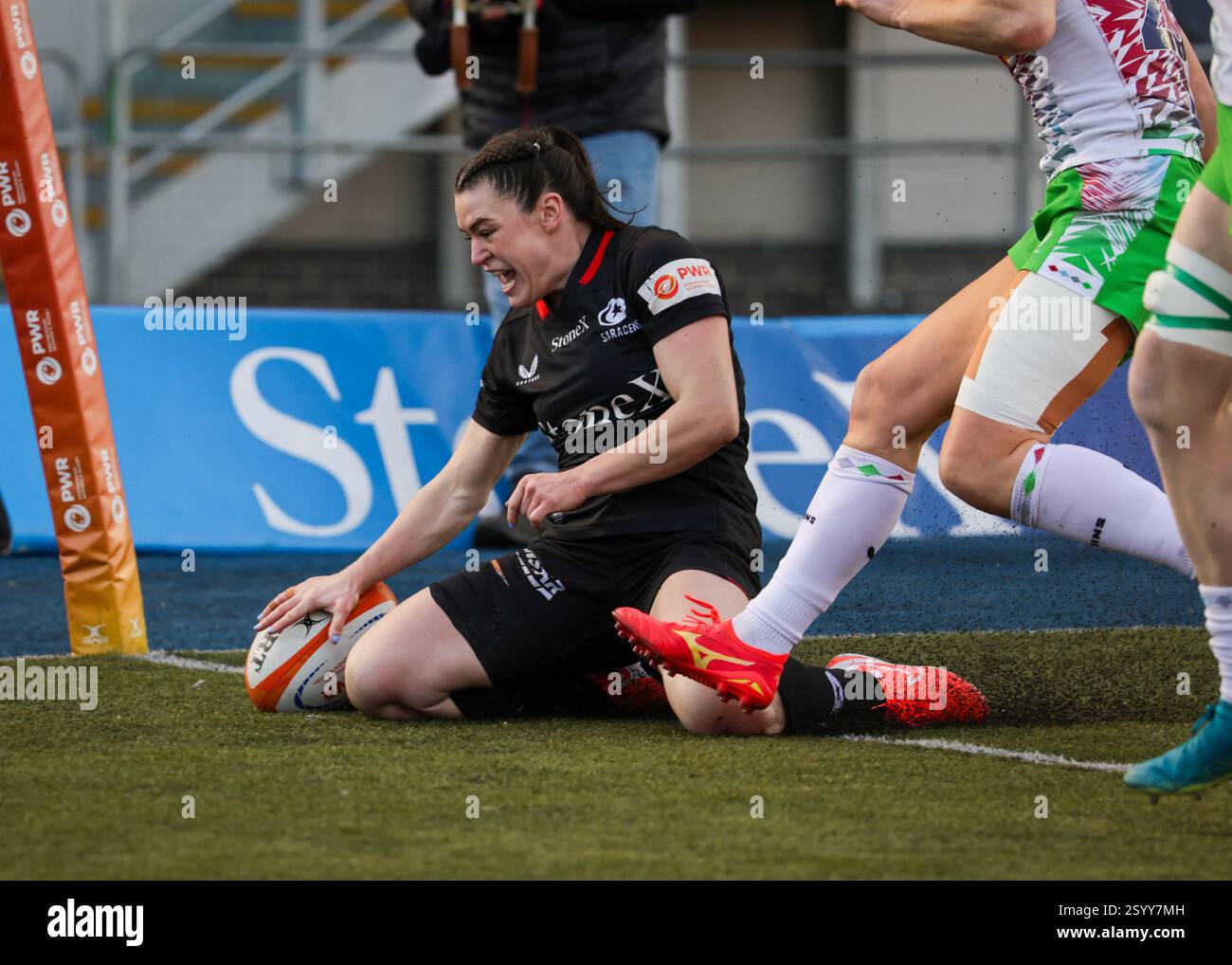 London, UK. 1st Mar, 2025. Alysha Corrigan (Saracens) scores a try ...