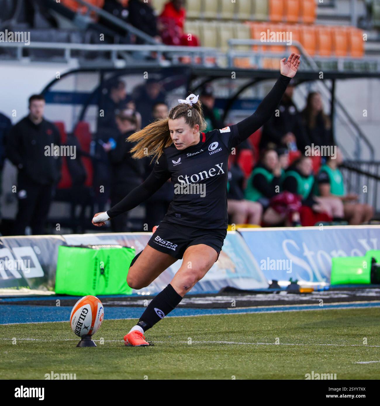 London, UK. 1st Mar, 2025. Zoe Harrison (Saracens) kicking for a ...